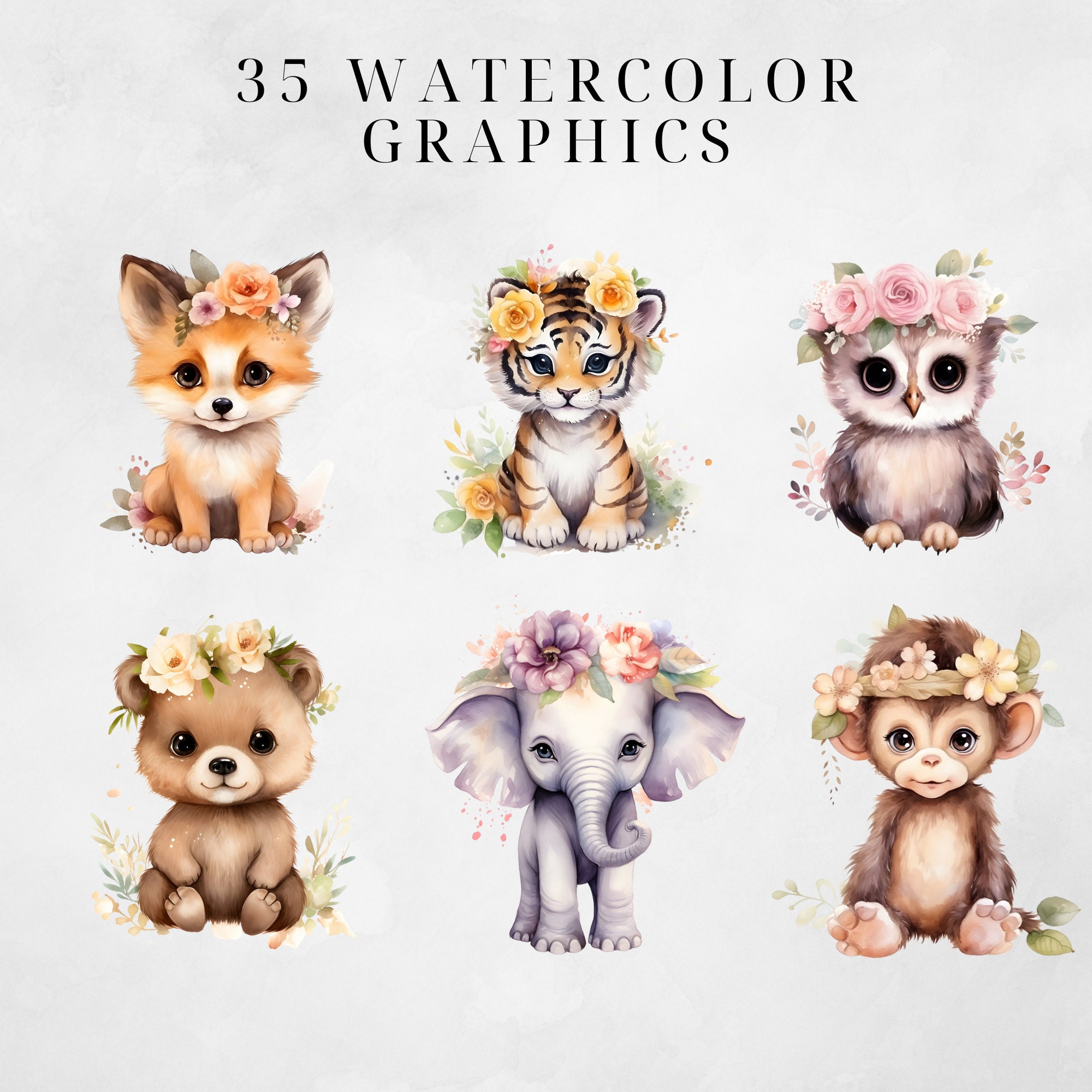 Boho Baby Animals Watercolor Clipart PNG, Junk Journaling, Floral ...