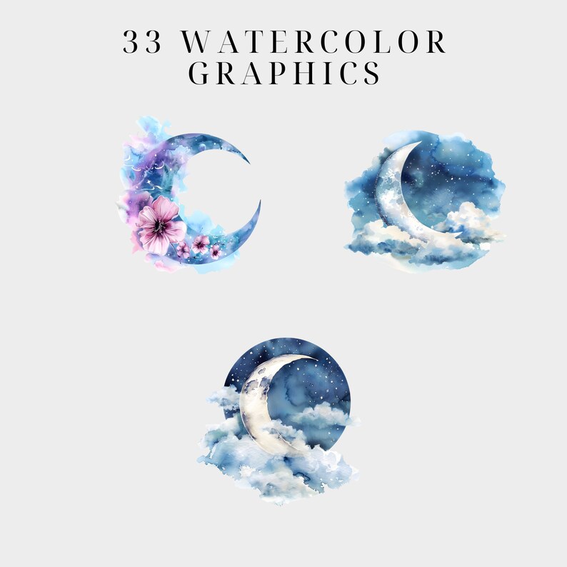 Watercolor Mystical Moons Clipart, BUNDLE, Moon, Half Moon, Clouds ...