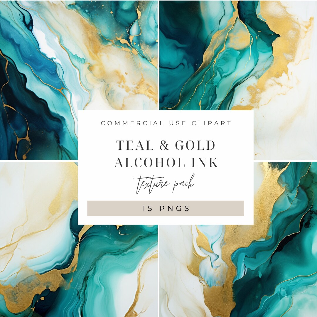 Teal and Gold Alcohol Ink Texture Clipart, PNG, Commercial Use, Teal ...