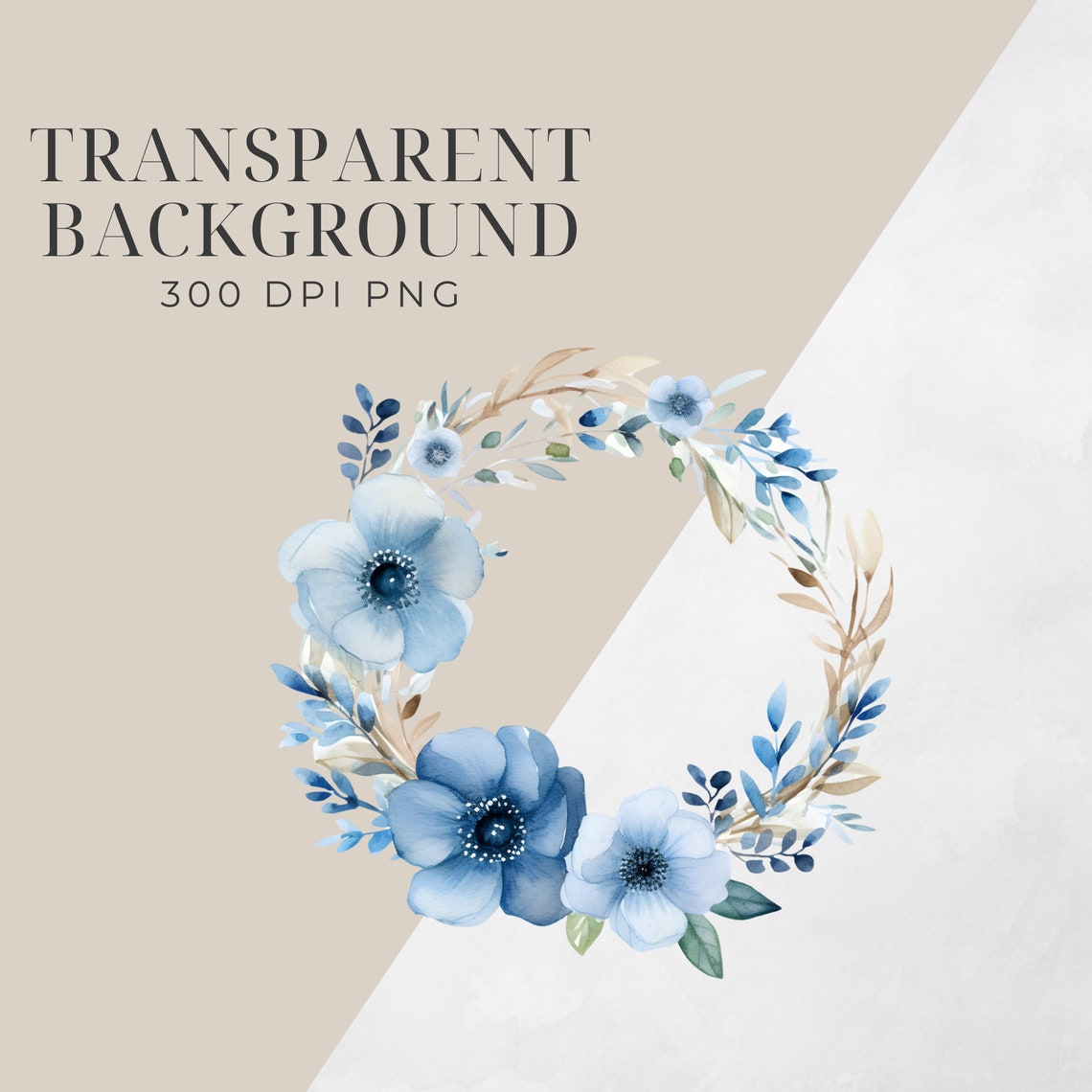 Watercolor Blue Floral Wreath Clipart, SINGLE IMAGE, Flowers, Half ...