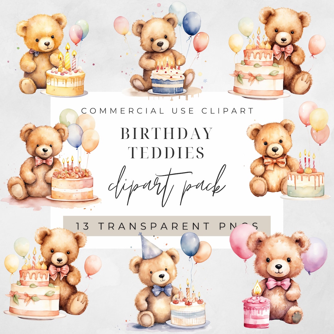 Watercolour Teddy Bear Birthday Party Clip Art Pack Watercolour ...
