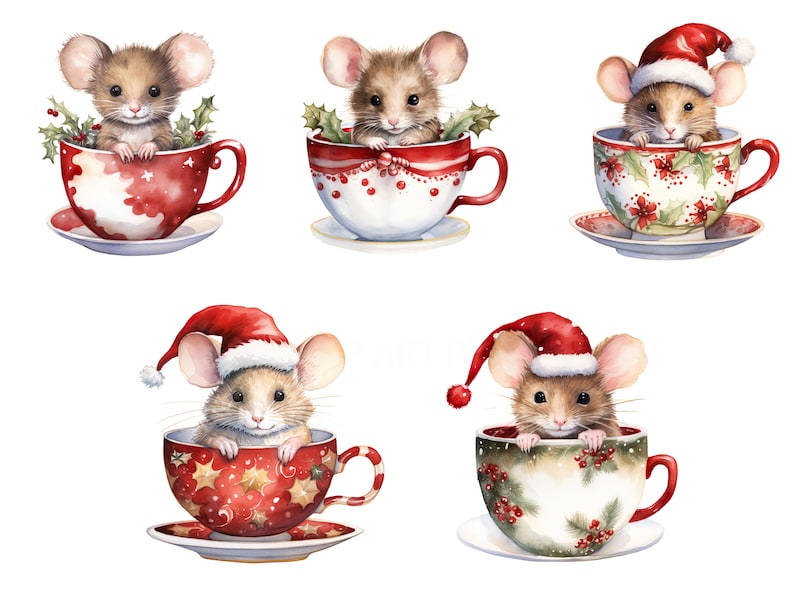 Christmas Mice in Teacups Clip Art Pack Watercolour, Clipart or ...