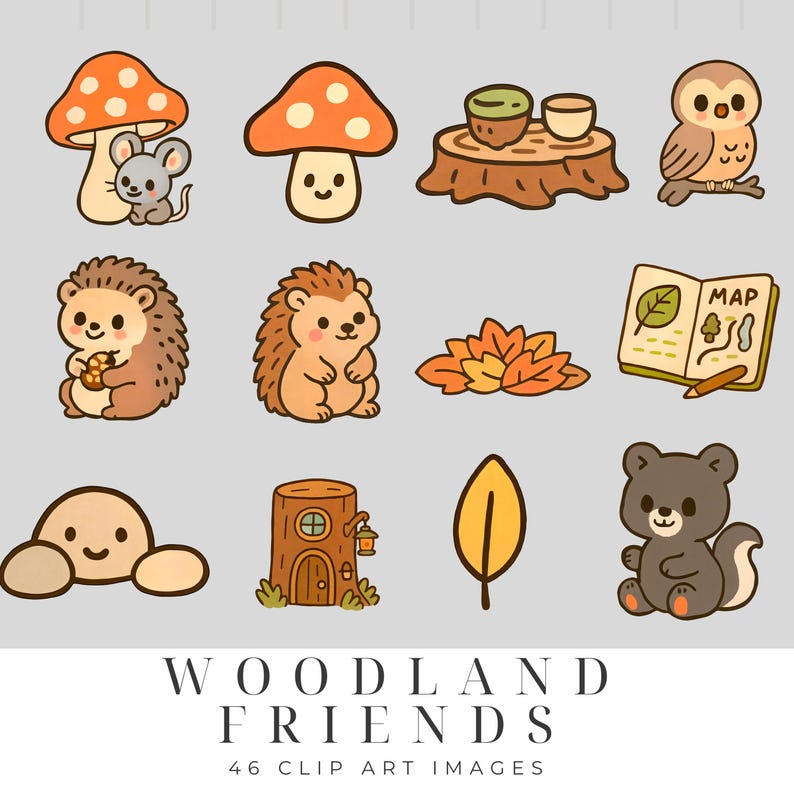 Woodland Animals Clipart Set – Cute Forest Creatures, Trees, Mushrooms ...