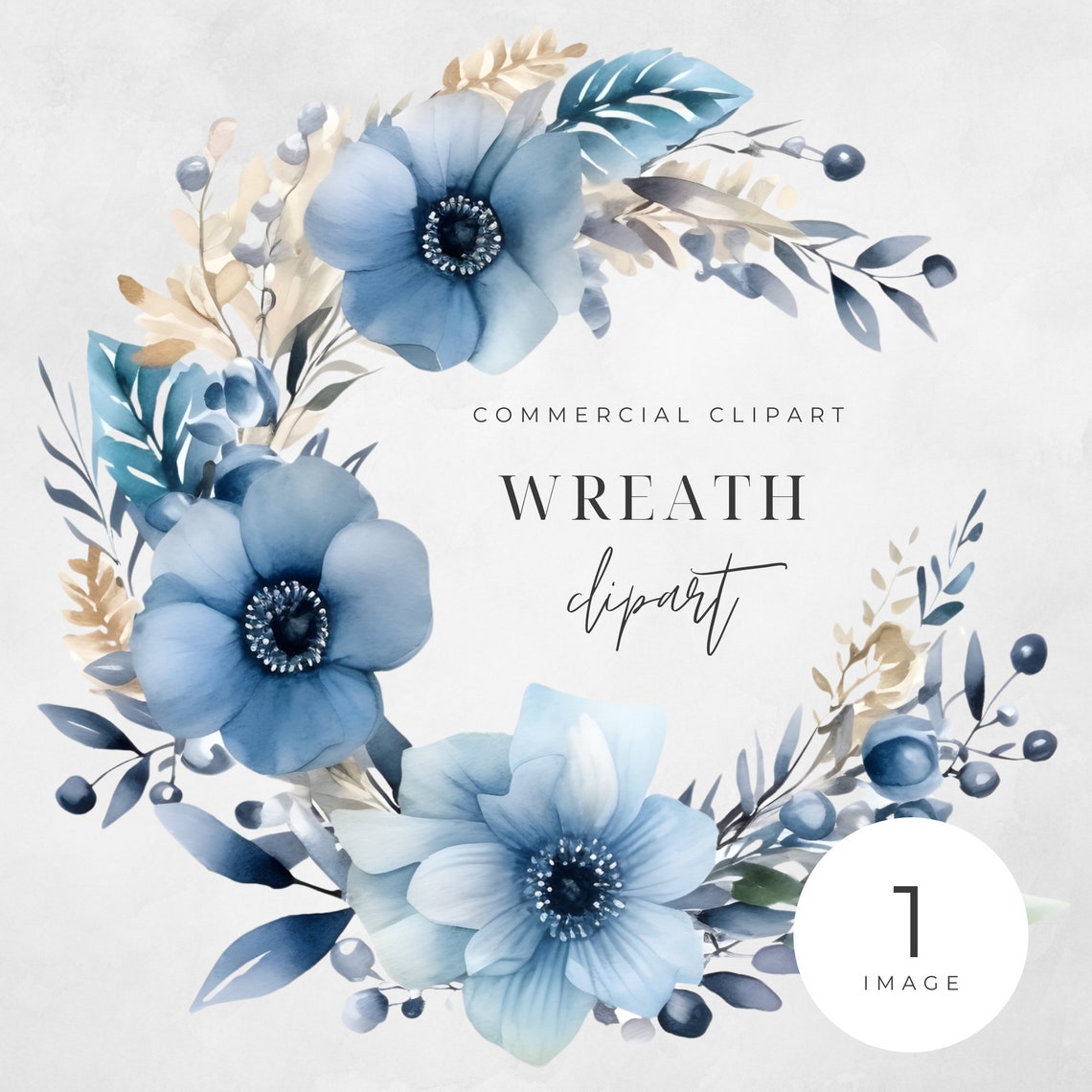 Watercolor Blue Floral Wreath Clipart, SINGLE IMAGE, Flowers, Half ...