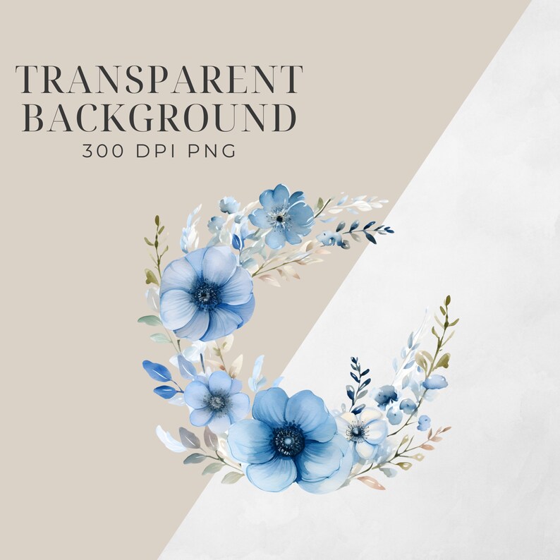 Watercolor Blue Floral Wreath Clipart, SINGLE IMAGE, Flowers, Half ...