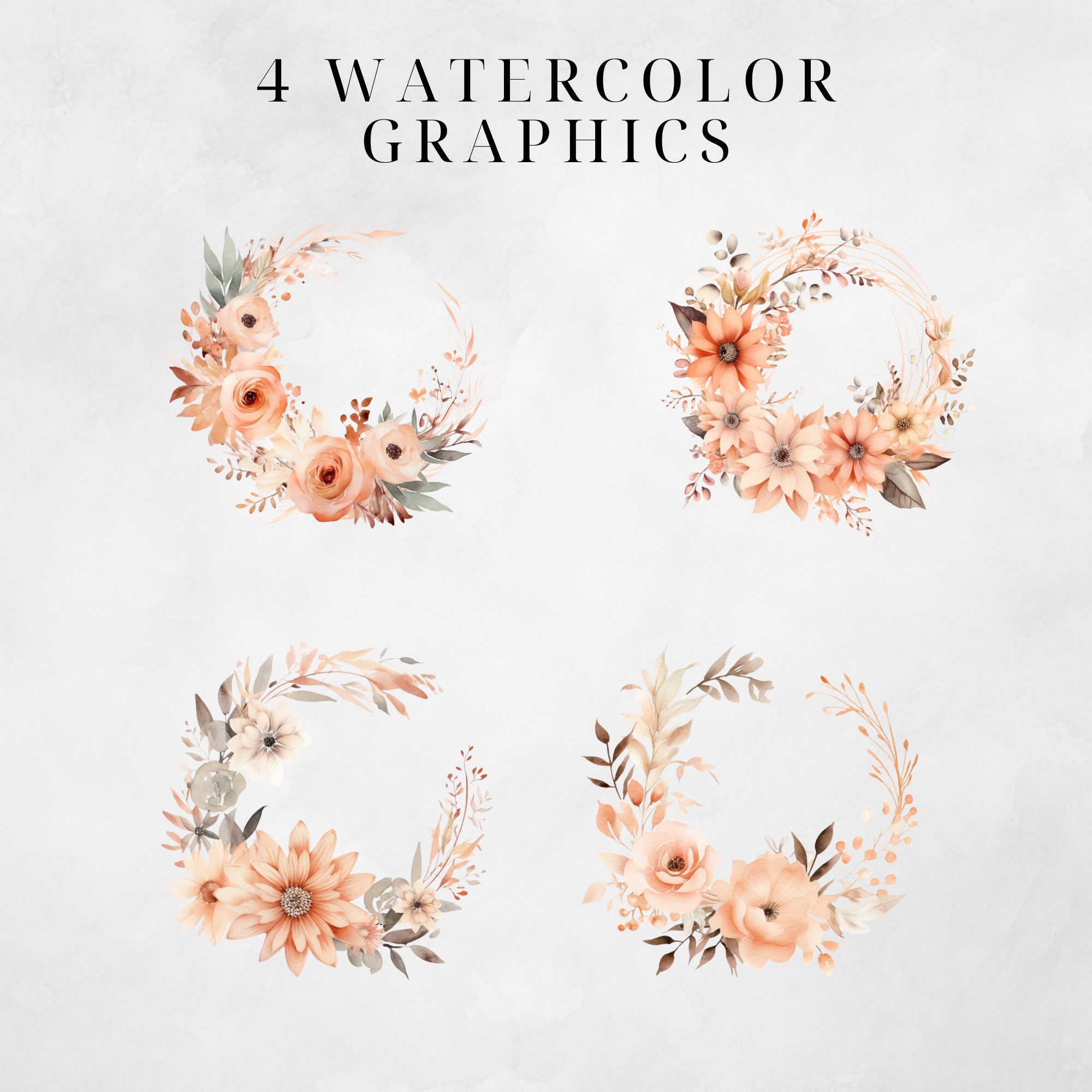 Watercolor Peach Floral Wreath Clipart, BUNDLE, Flowers, Half Wreaths ...