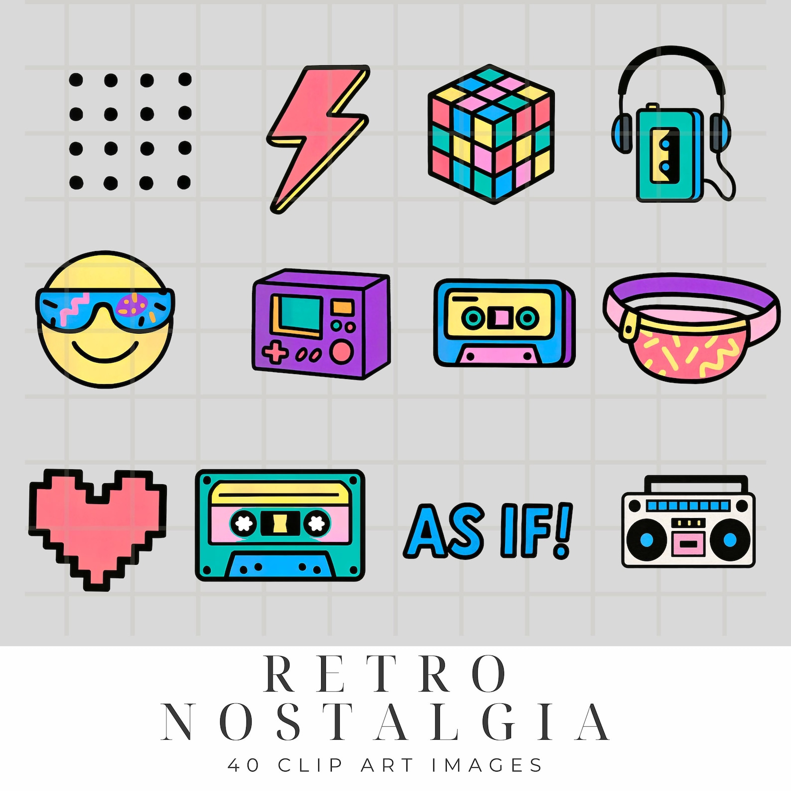 Retro 80s Nostalgia Clipart Pack – Bright & Vintage-inspired Graphics ...