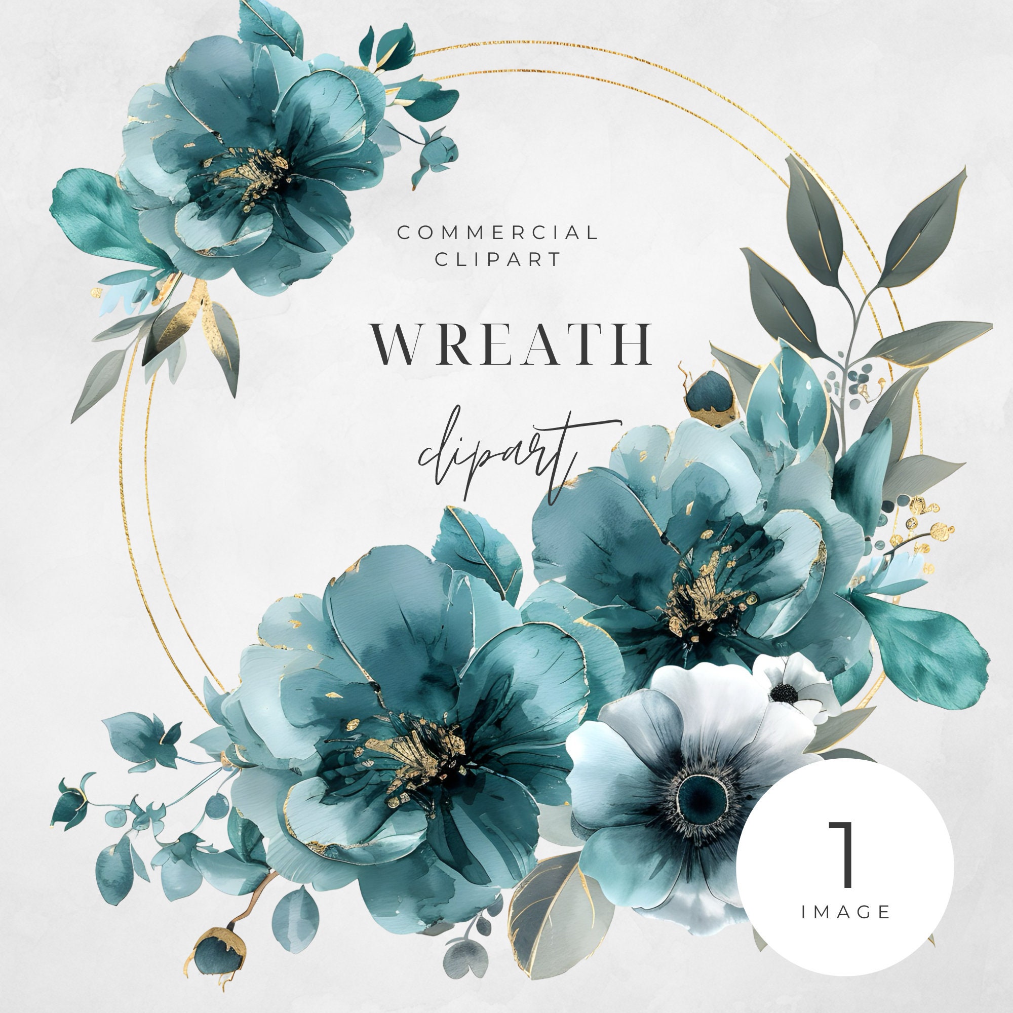 Teal Flowers Gold Frame Wreaths Watercolor Clipart PNG, Junk Journaling ...