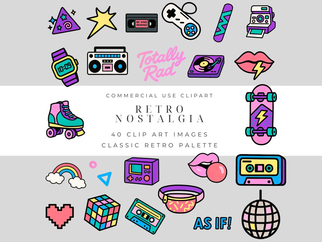 Retro 80s Nostalgia Clipart Pack – Bright & Vintage-inspired Graphics ...