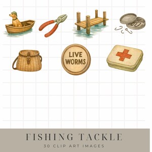 Watercolor Fishing Clipart Set | Tackle Box Tools, Boats, Lures & River ...