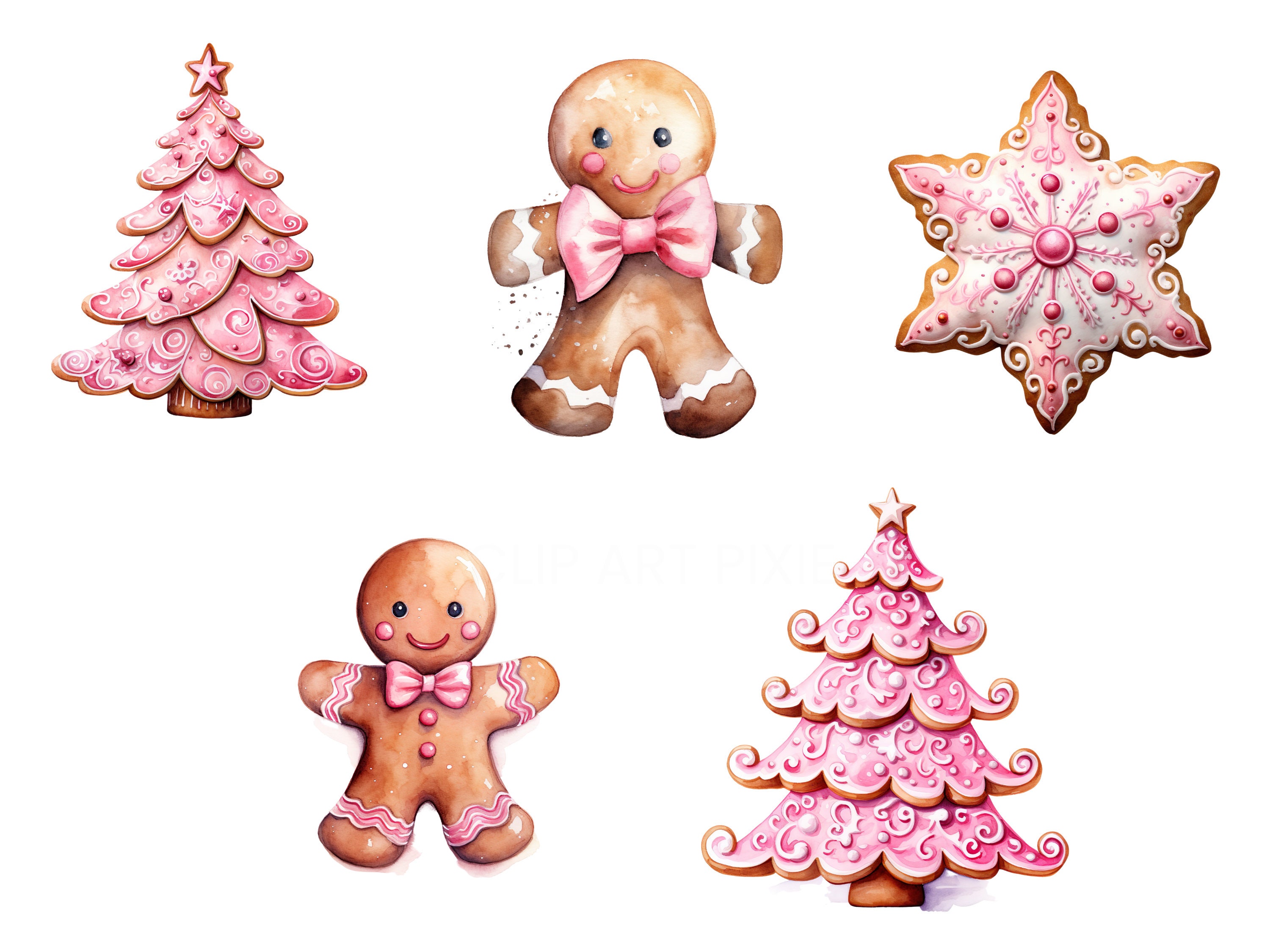 Pink Christmas Gingerbread Clip Art Pack Watercolour, Clipart or ...