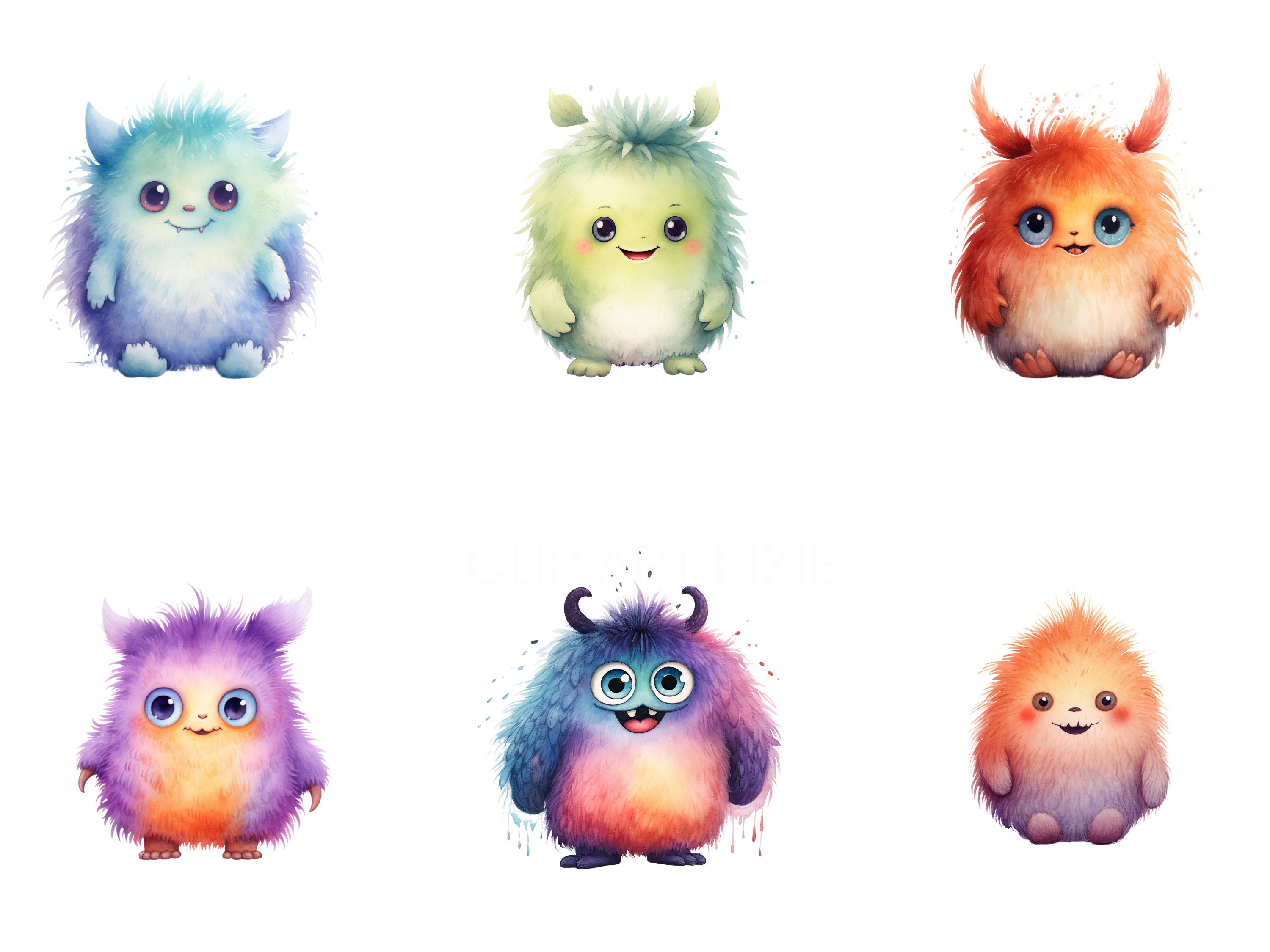 Tiny Fuzzy Monsters Clip Art Pack Watercolour, Clipart or Commercial ...