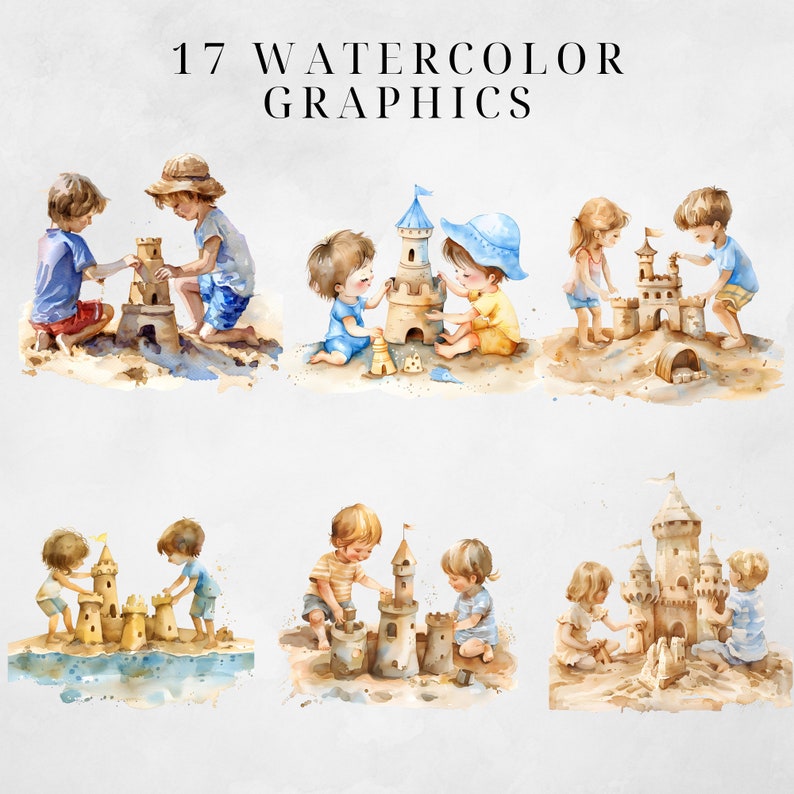Watercolor Sand Castles Beach Clipart, BUNDLE, Children, Play, Castles ...