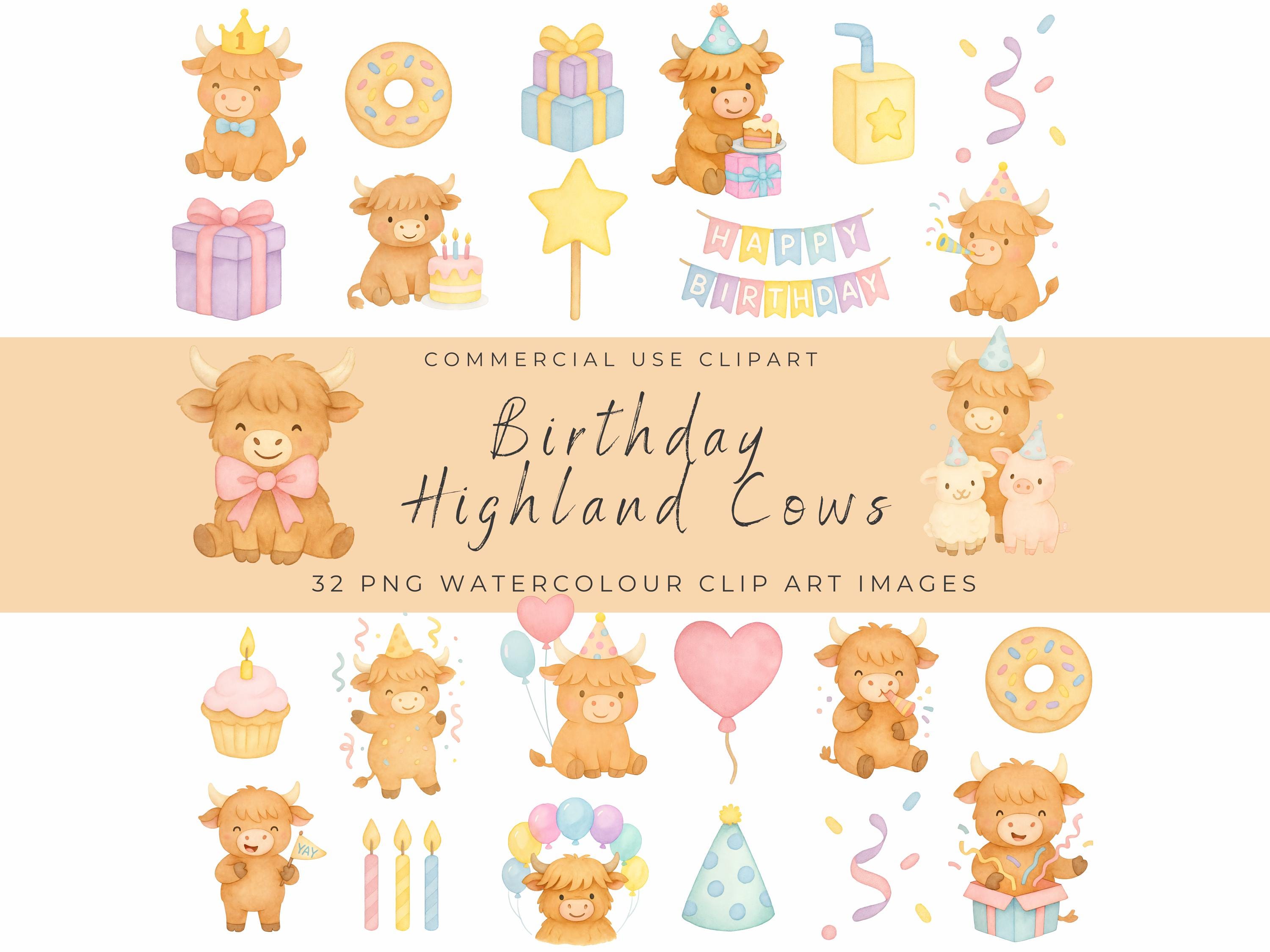 Highland Cow Birthday Clipart – Watercolor Party Cows PNG, Pastel Farm ...