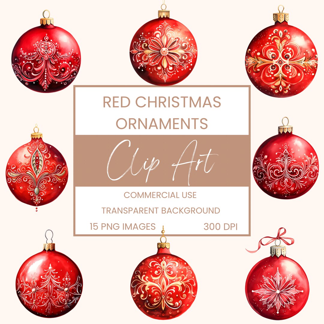 Red Christmas Ornaments Clip Art Pack Watercolour, Clipart or ...