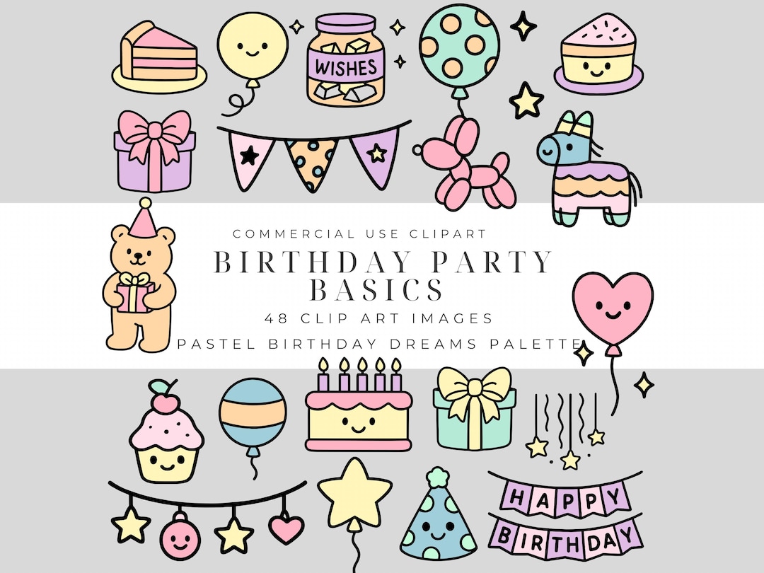 Pastel Birthday Party Clipart Pack | Cute Balloons, Cakes, Gifts ...