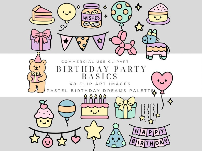 Pastel Birthday Party Clipart Pack | Cute Balloons, Cakes, Gifts ...