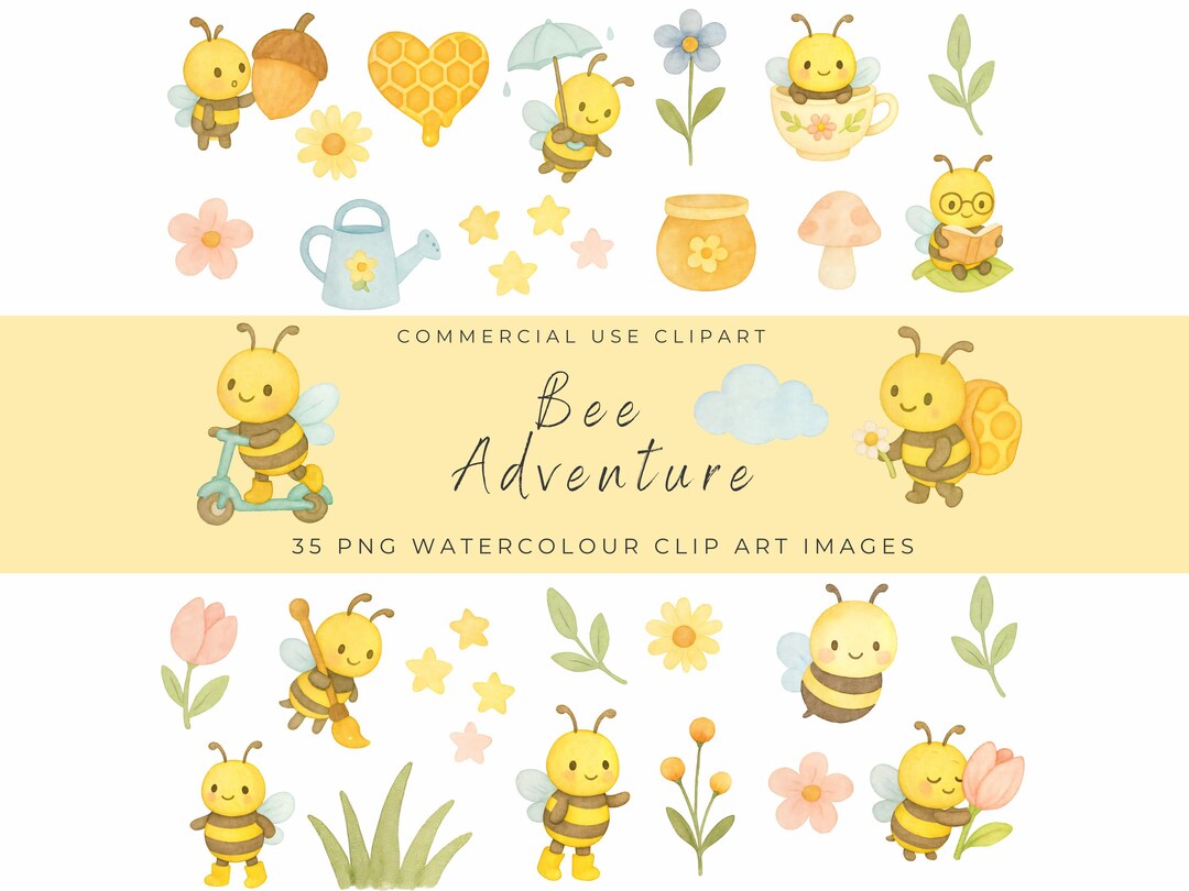 Bee Adventure Watercolor Clipart Set – Cute Bees, Flowers, Honey ...