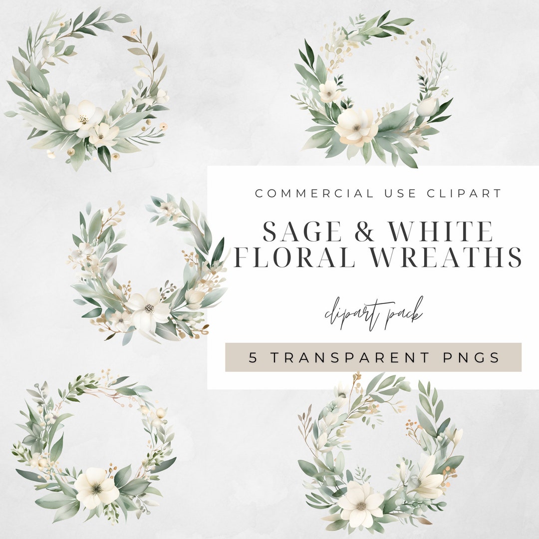 Watercolor Sage and White Wreath Clipart, BUNDLE, Flowers, Half Wreaths ...