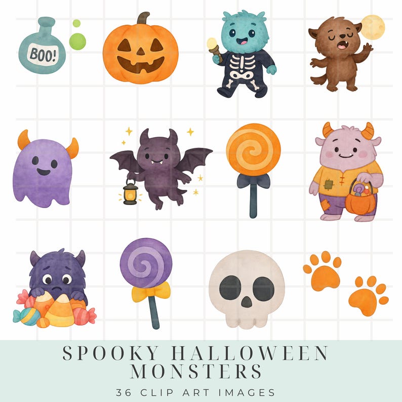 Spooky Cute Halloween Monster Clipart Bundle – Watercolor Pngs, Kids ...