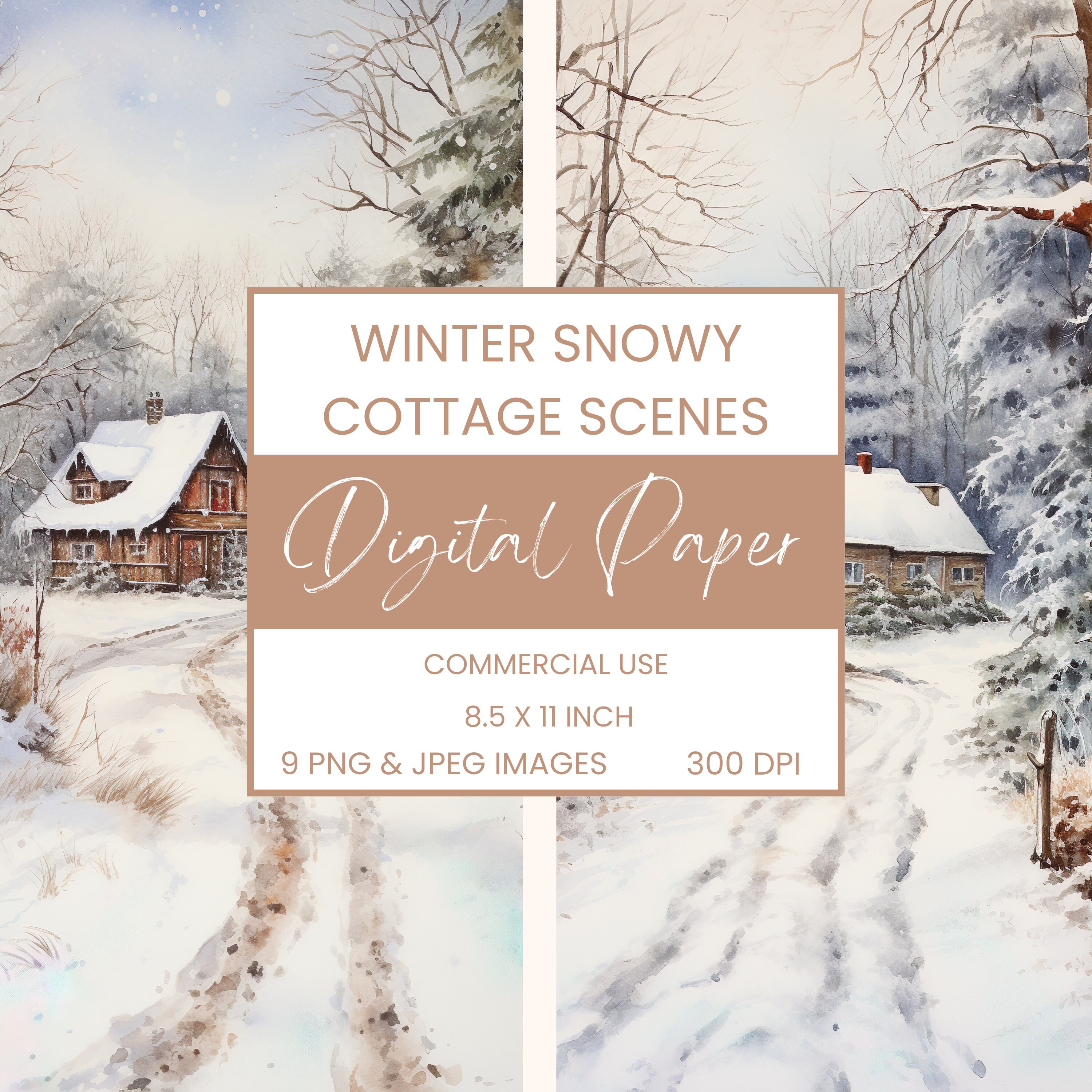 Snowy Cottages Digital Paper JPEG & PNG, Junk Journaling, Bundle ...
