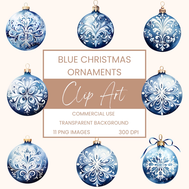 Blue Christmas Ornaments Clip Art Pack Watercolour, Clipart or ...