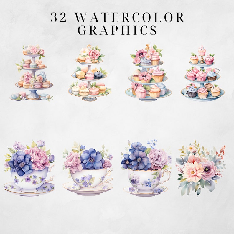 High Tea Clip Art Pack Watercolour, Clipart or Commercial Use, Cupcake ...