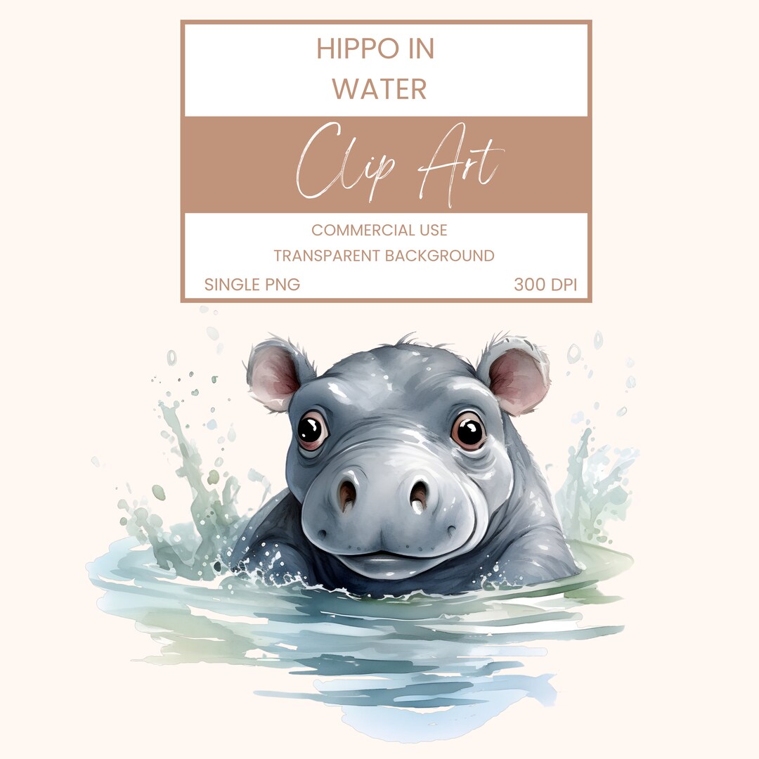 Hippo in Water Clip Art Pack Watercolour, Single PNG, Clipart or ...