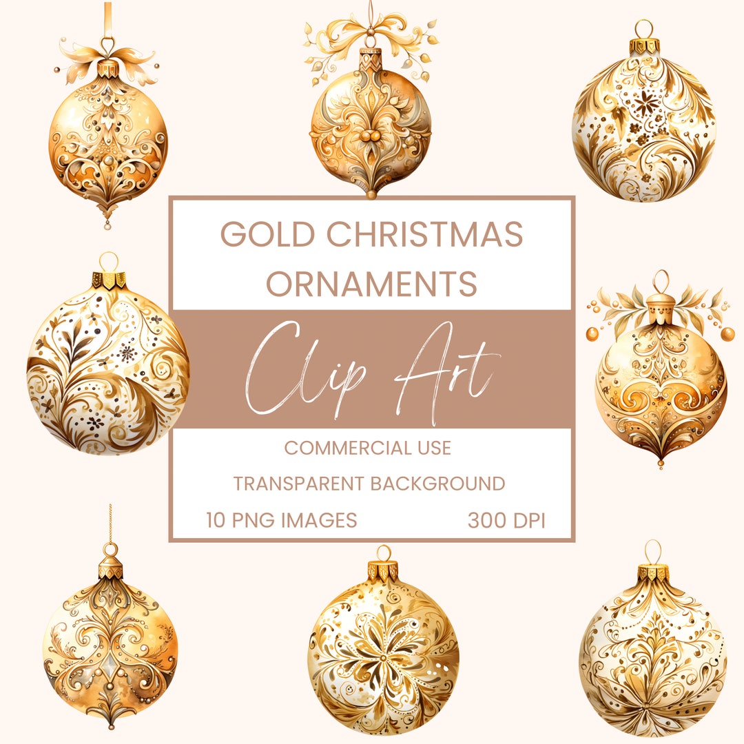Gold Christmas Ornaments Clip Art Pack Watercolour, Clipart or ...