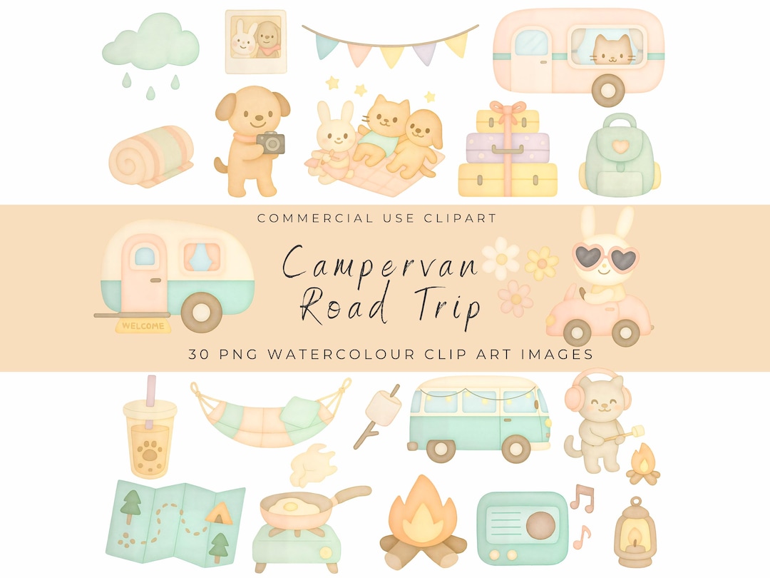 Kawaii Campervan Road Trip Clipart – Pastel Van, Cute Animals, Camping ...