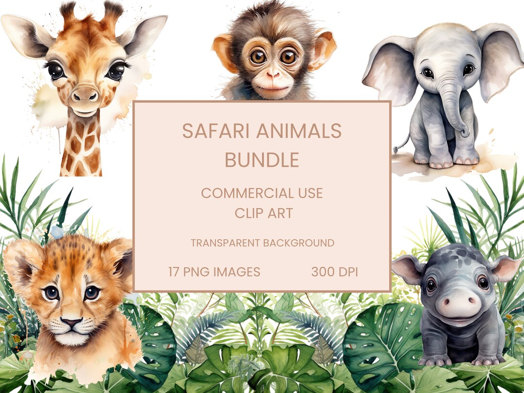 Safari Animals Jungle Watercolor Clipart PNG, Junk Journaling, Bundle ...