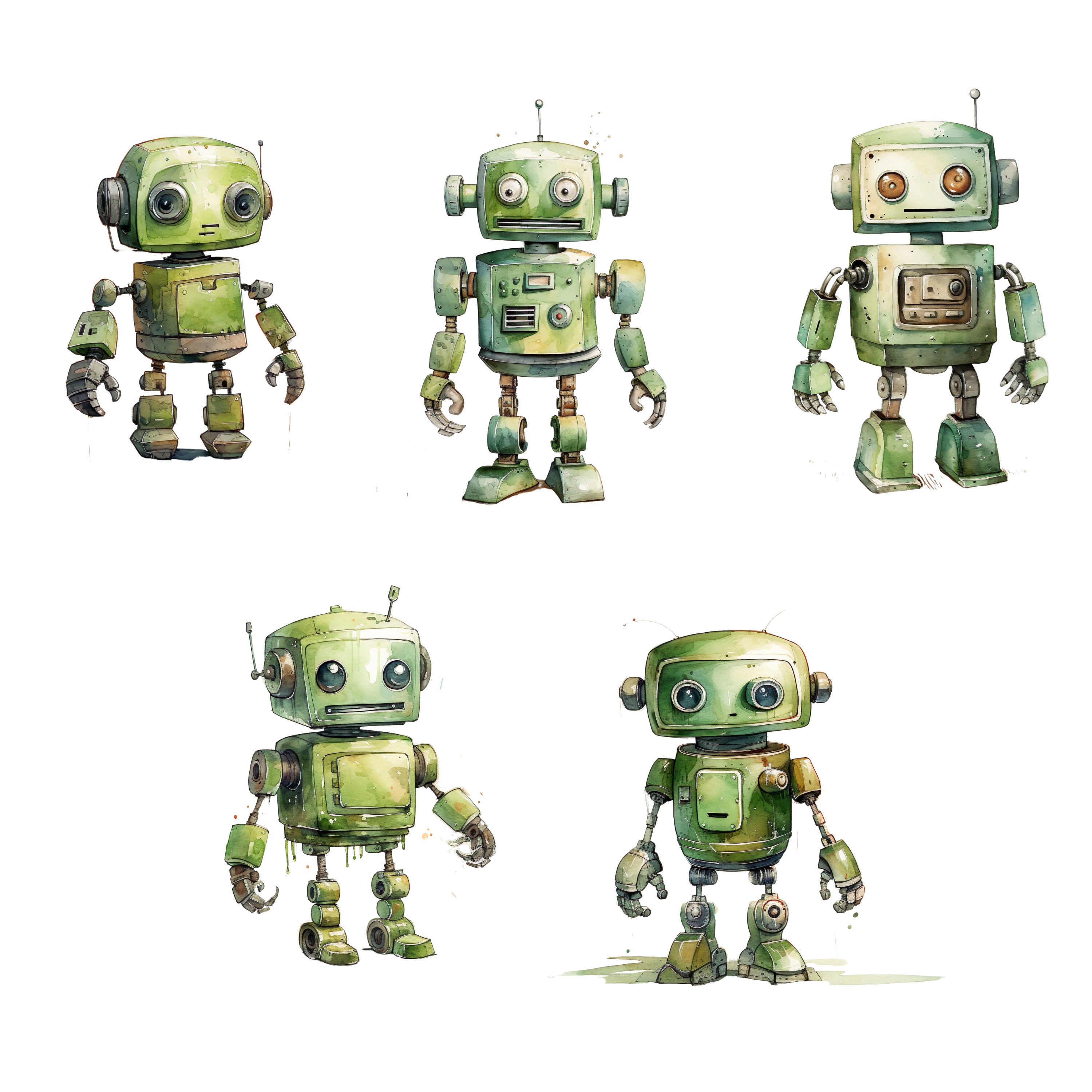 Green Watercolour Robots Clip Art Pack Watercolour, Clipart for ...
