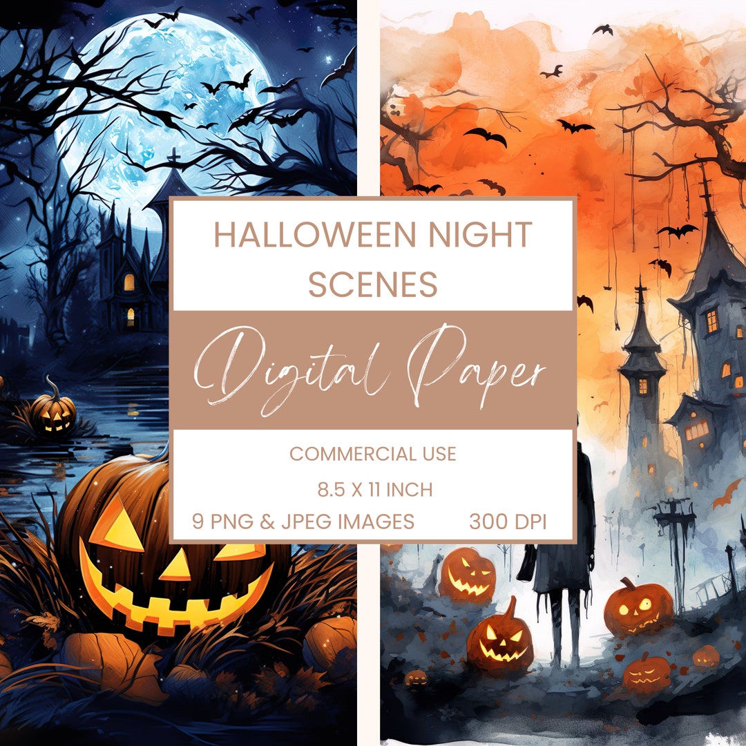 Halloween Spooky Night Scenes Digital Paper JPEG & PNG, Junk Journaling ...