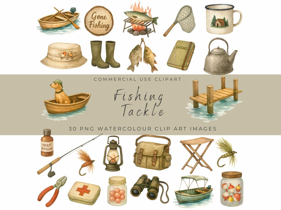 Watercolor Fishing Clipart Set | Tackle Box Tools, Boats, Lures & River ...