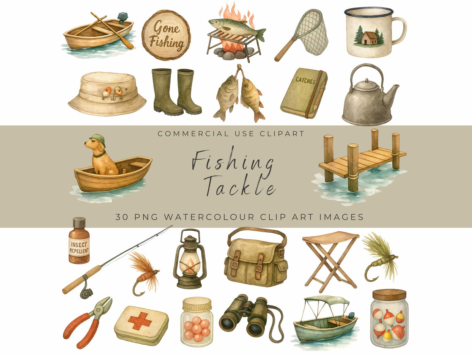 Watercolor Fishing Clipart Set | Tackle Box Tools, Boats, Lures & River ...
