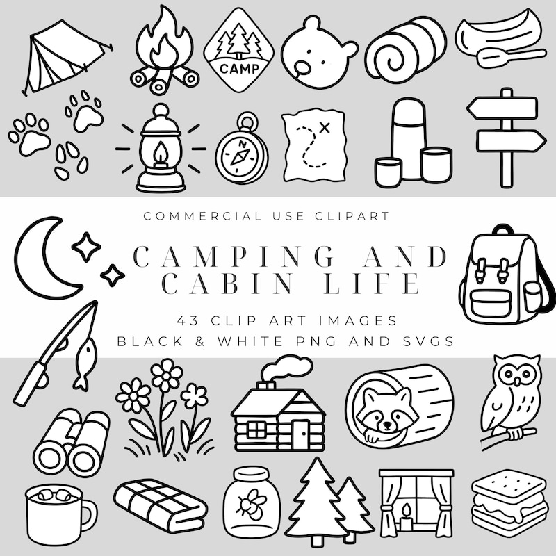 Camping Clipart Black and White - Etsy