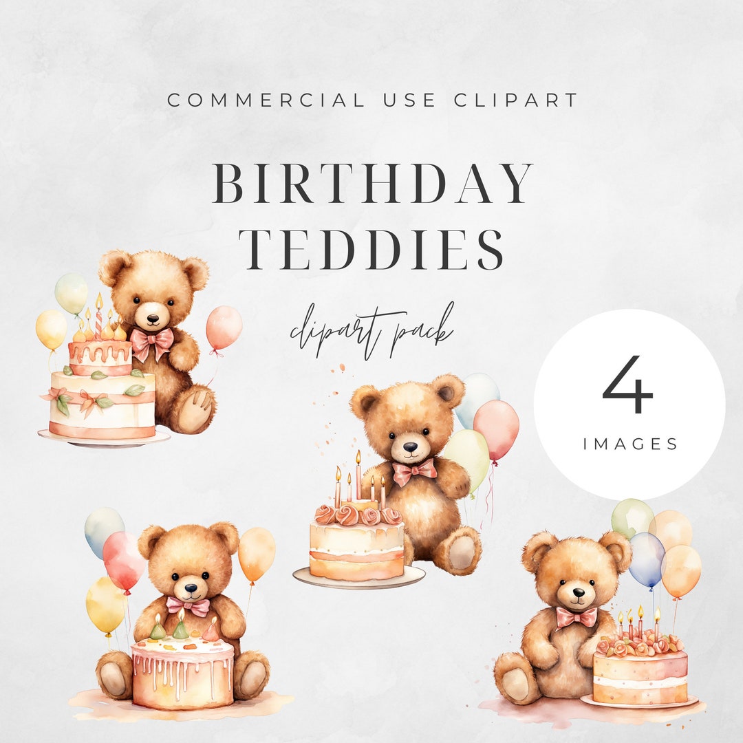 Watercolour Teddy Bear Birthday Party Clip Art Pack Watercolour ...