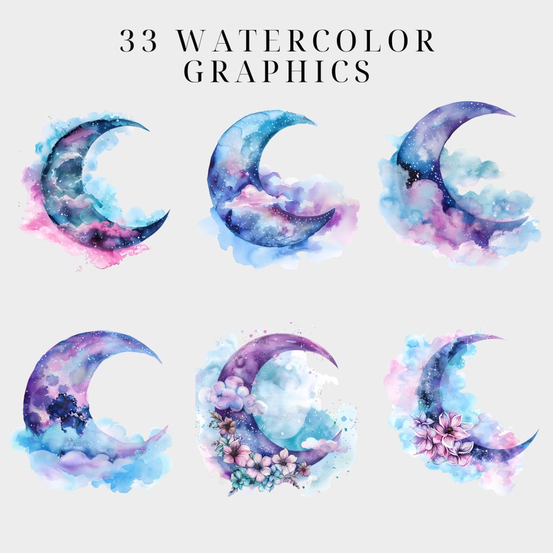 Watercolor Mystical Moons Clipart, BUNDLE, Moon, Half Moon, Clouds ...