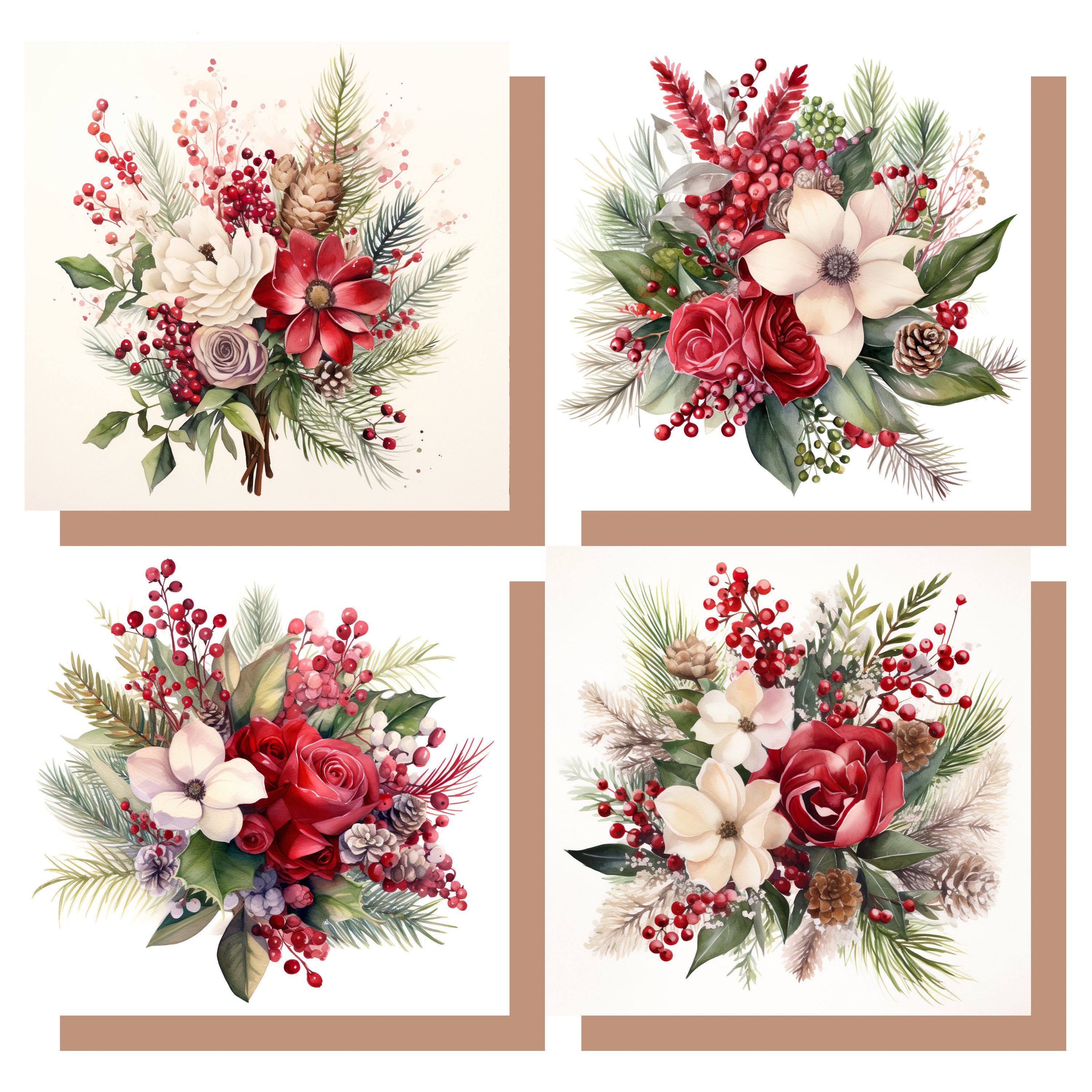 Christmas Festive Flower Bouquets Clip Art Pack Watercolour, Clipart or ...