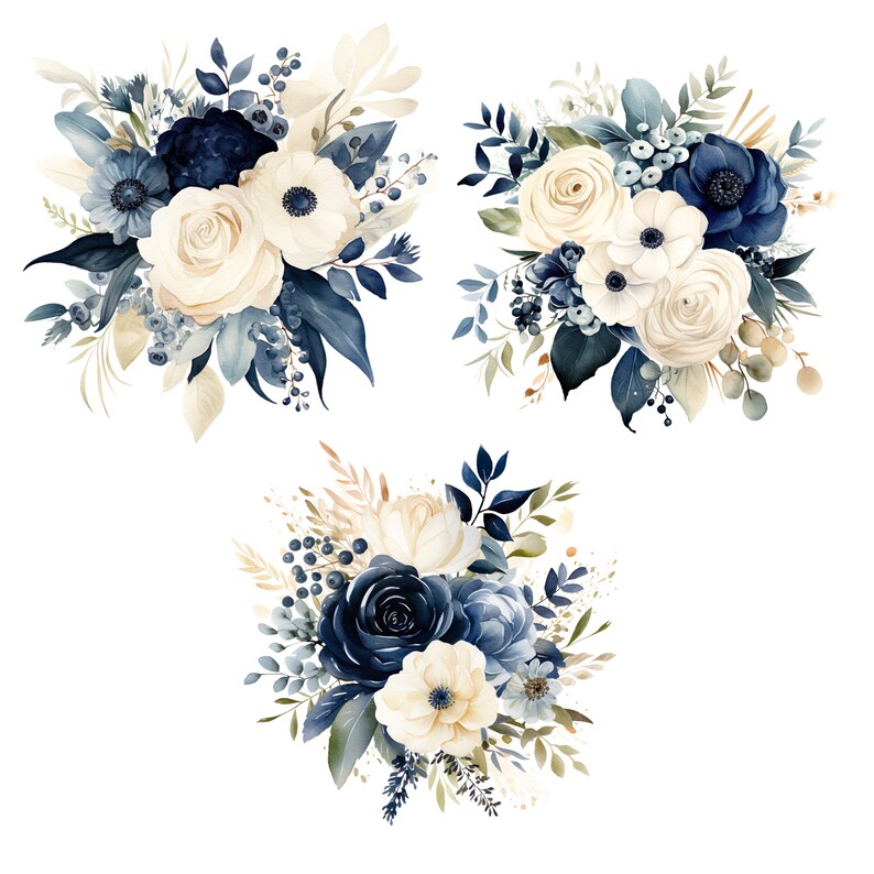 Navy Blue Bouquet Watercolor Clipart PNG, Junk Journaling, Single Image ...
