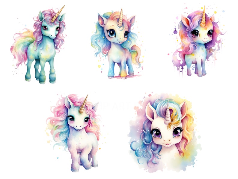 Pastel Rainbow Unicorns Clip Art Pack Watercolour, Clipart or ...