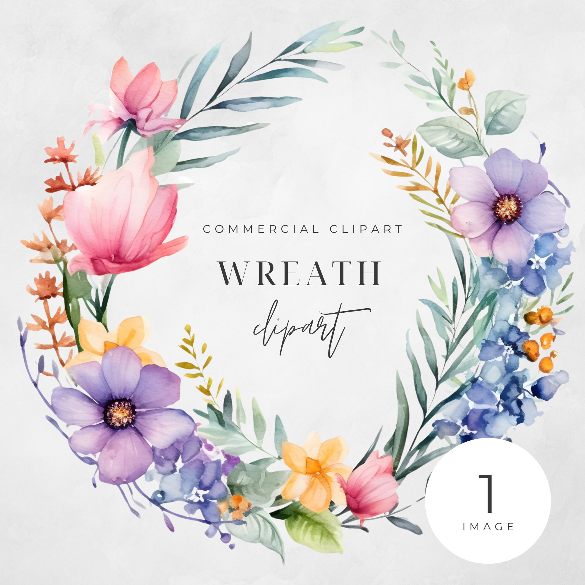 Watercolor Floral Wreath Clipart Bright Summer Floral SINGLE - Etsy