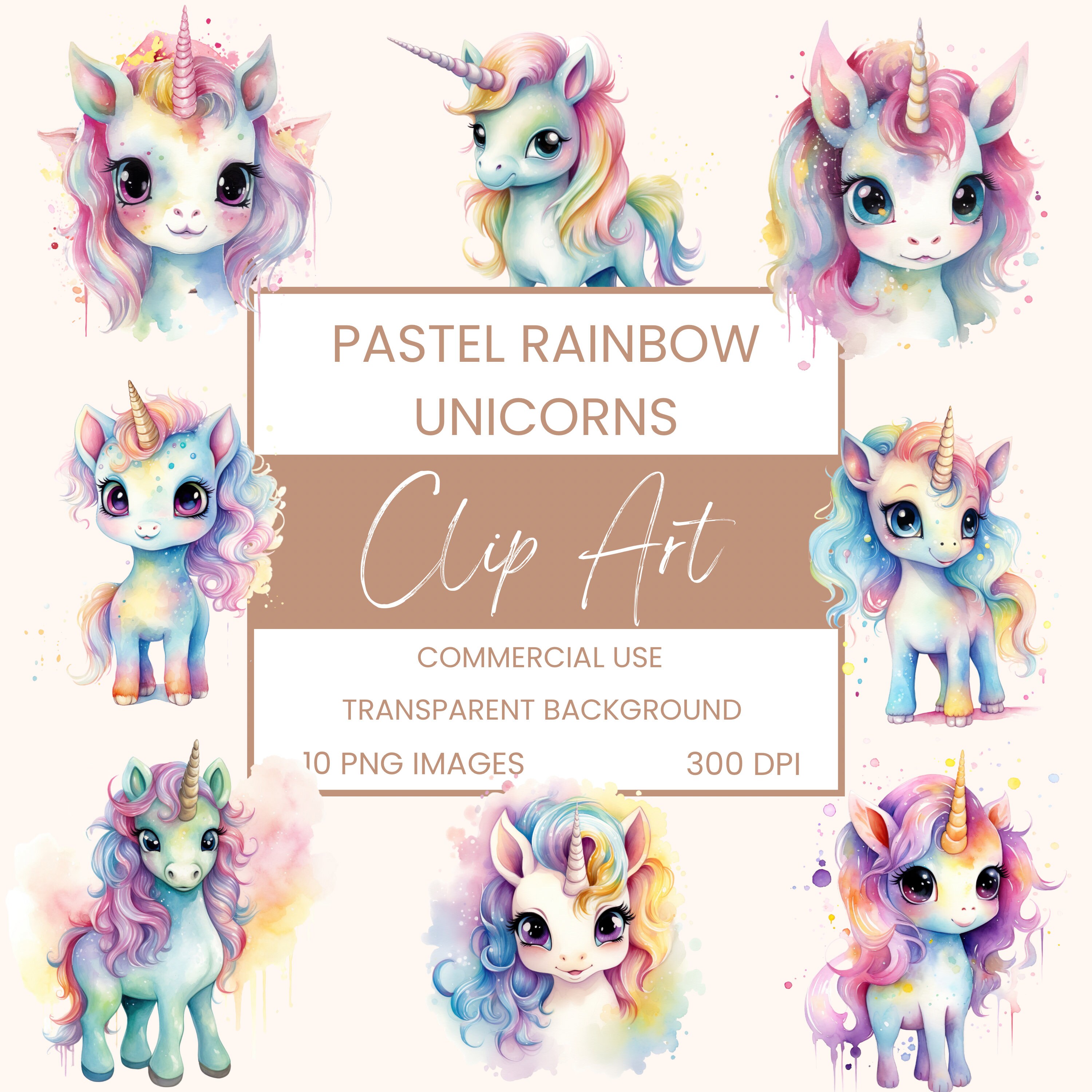 Pastel Rainbow Unicorns Clip Art Pack Watercolour, Clipart or ...