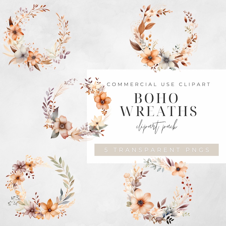 Watercolor Boho Wreath Clipart, BUNDLE, Boho Muted Tones Watercolor ...