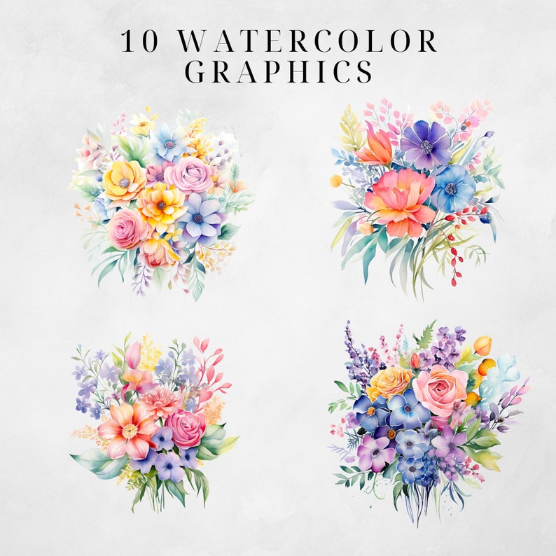 Pastel Rainbow Bouquet Watercolor Clipart PNG, Junk Journaling, Bundle ...