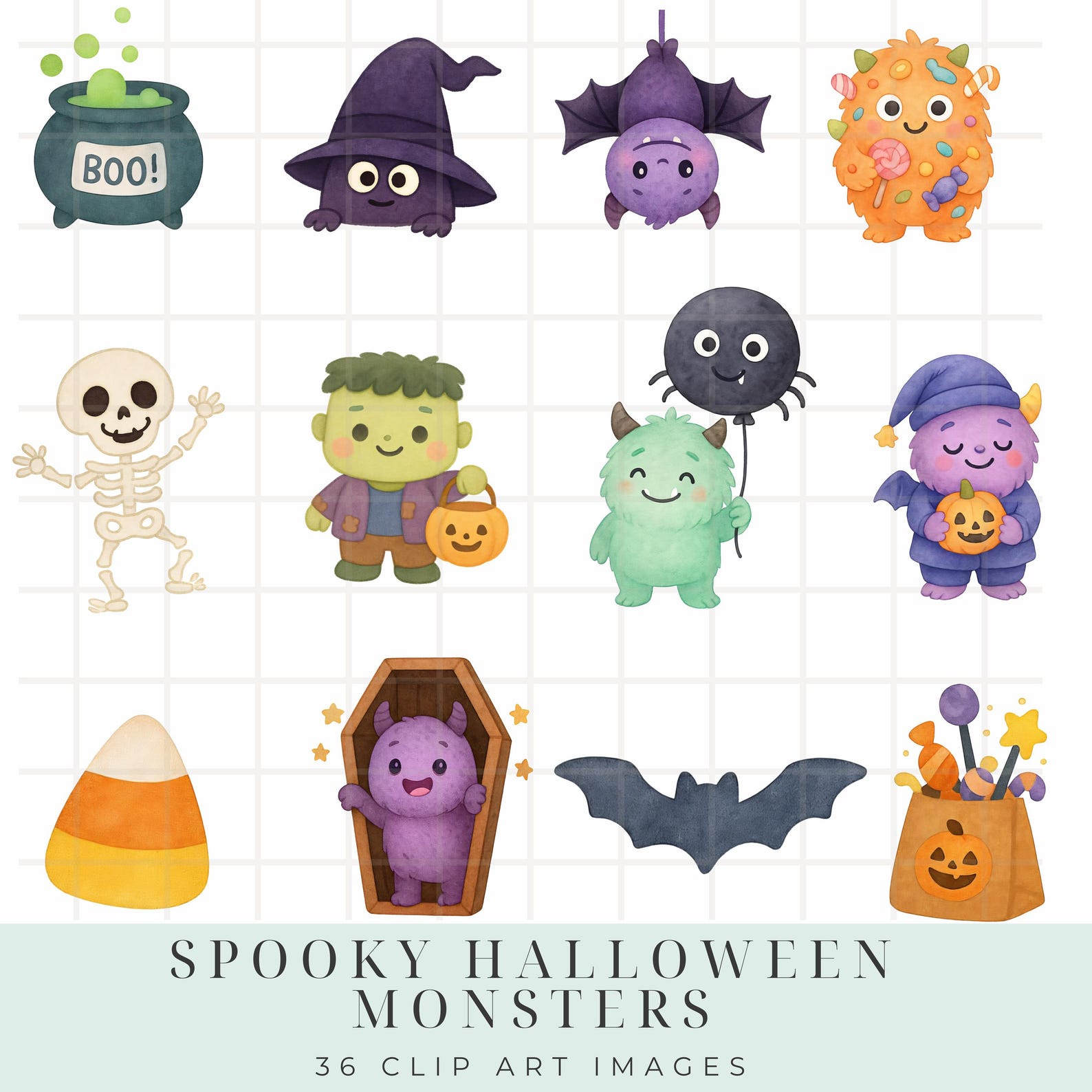 Spooky Cute Halloween Monster Clipart Bundle – Watercolor Pngs, Kids ...
