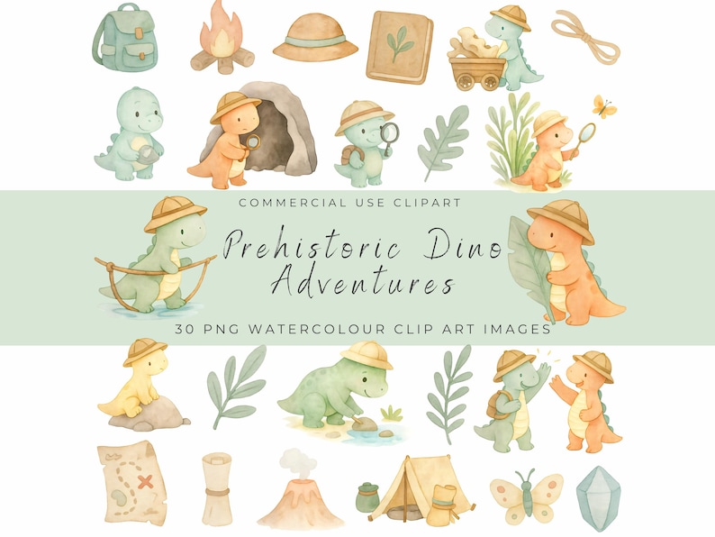 Prehistoric Dinosaur Explorers Watercolor Clipart Set | Adventure Dinos ...