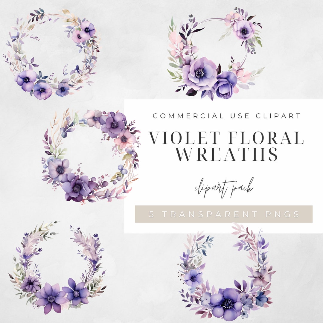 Watercolor Violet Floral Wreath Clipart, BUNDLE, Flowers, Half Wreaths ...