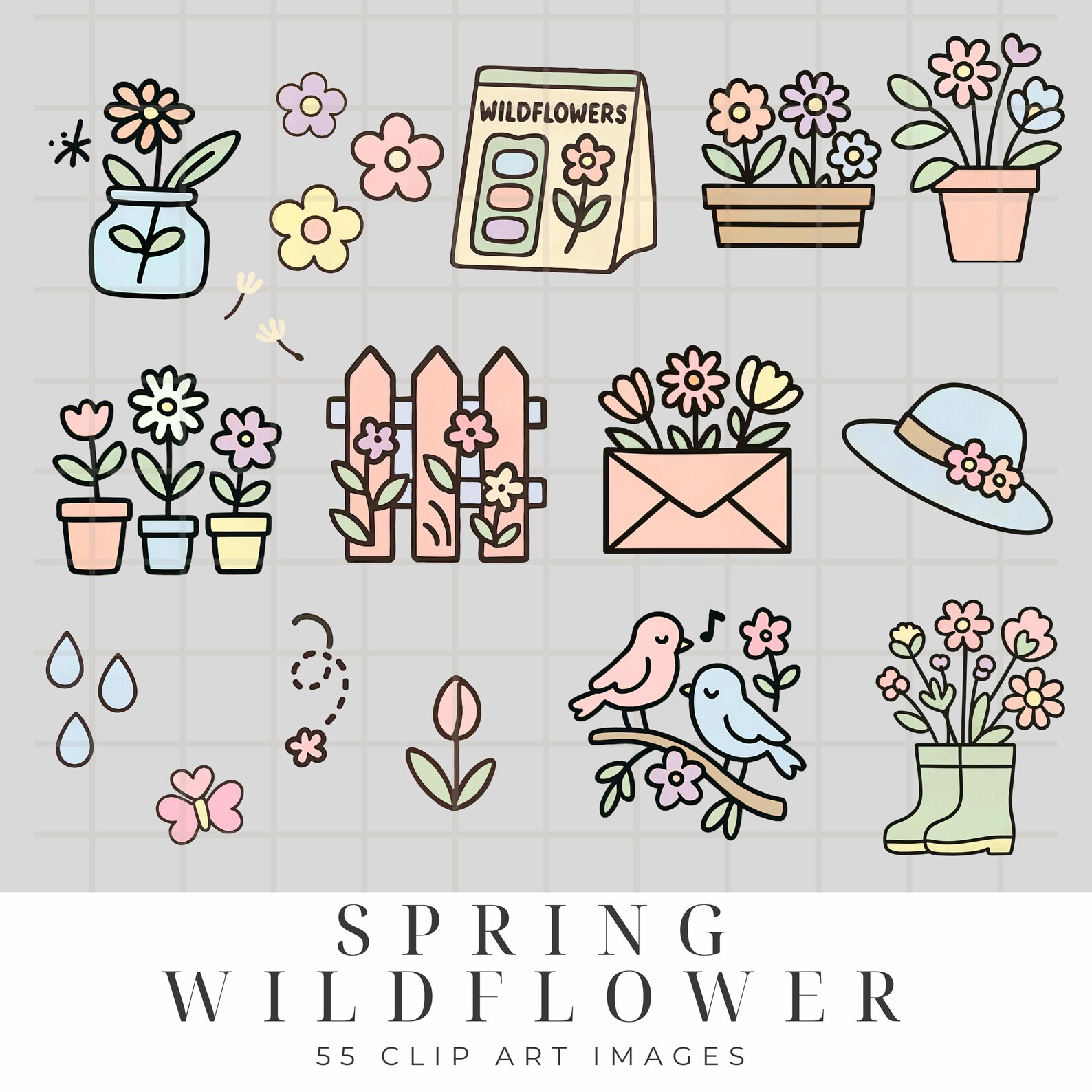 Wildflowers & Spring Clipart Pack – Pastel Simple Illustrations for ...