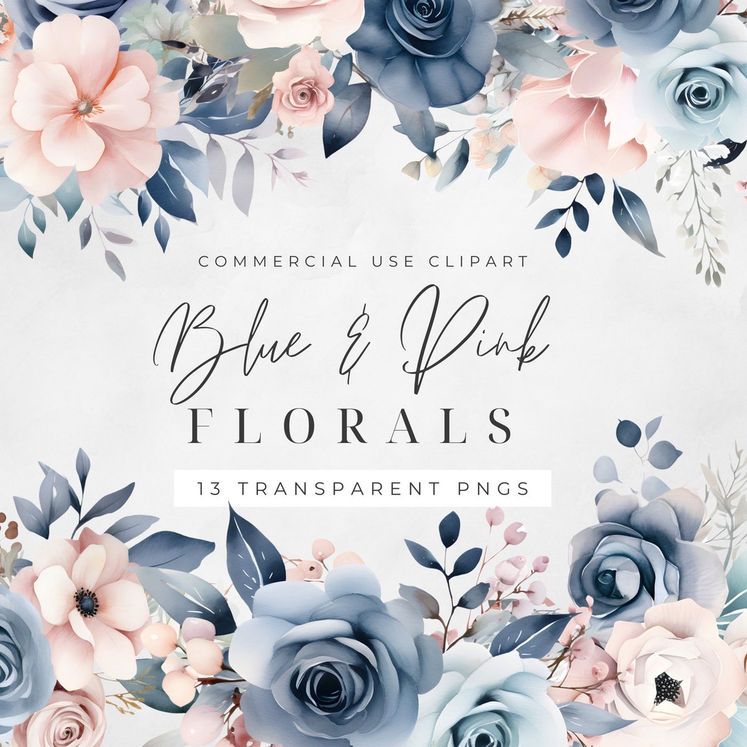 Blue & Pink Bouquet Watercolor Clipart PNG, Junk Journaling, Bundle ...